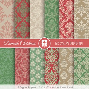 Christmas Damask Digital Paper Pack: Red & Green Scrapbooking (instant ...