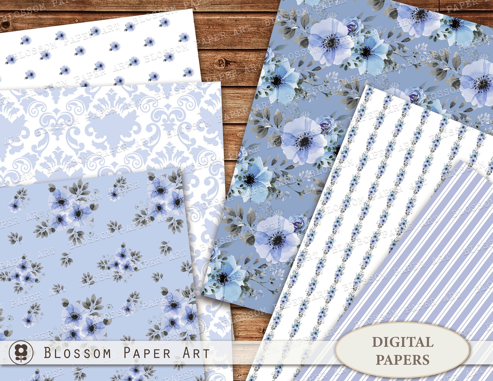 Shabby Chic Flowers Digital Paper Digital Collage Blue Flowers | Etsy