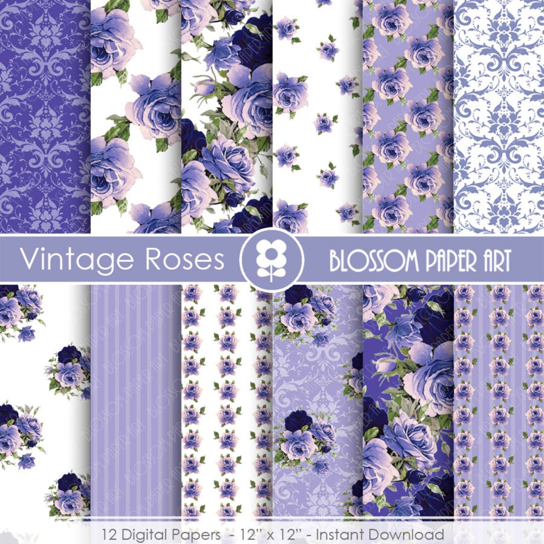Blue Digital Paper Digital Paper Pack, Rose Scrapbooking, Blue Vintage ...