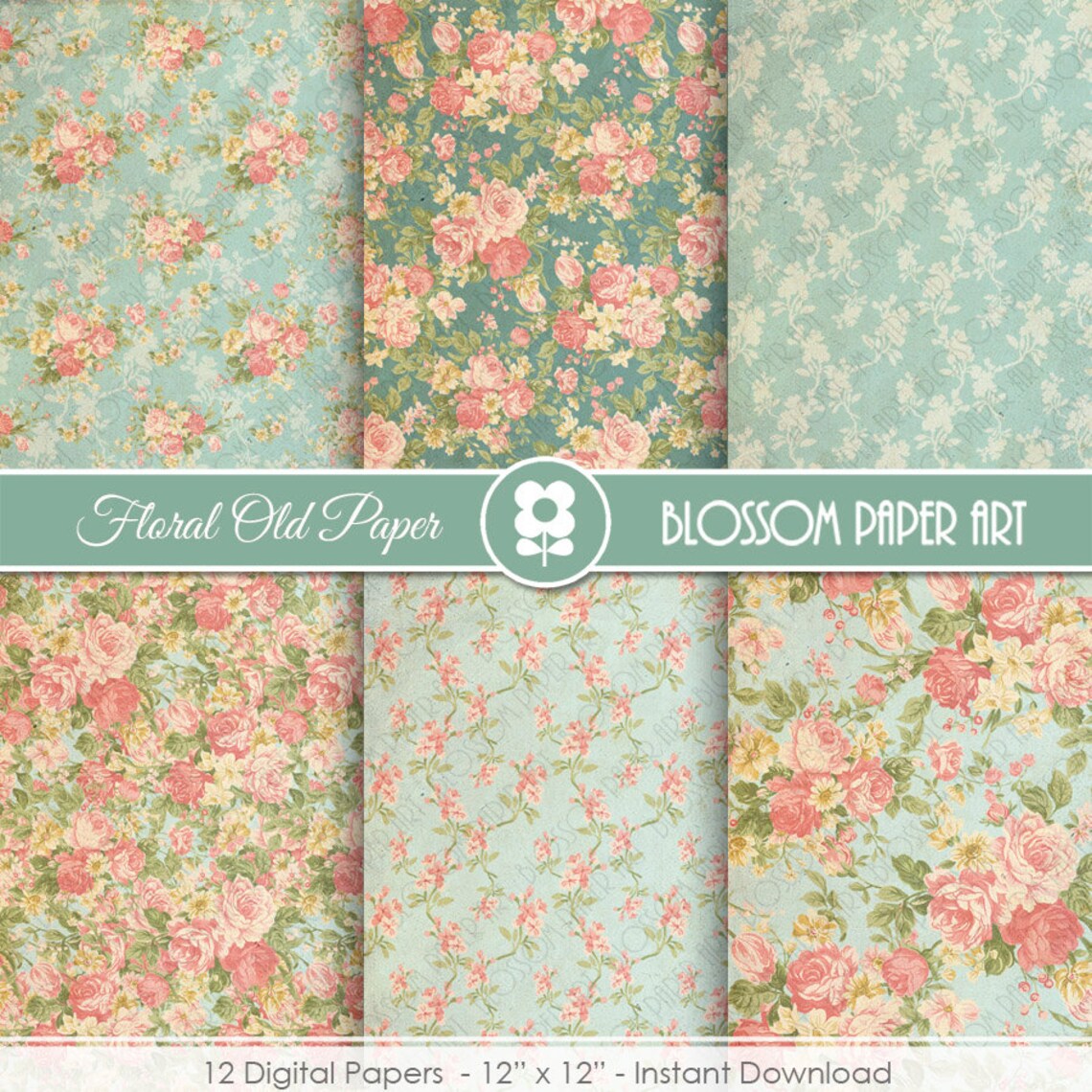 Teal Floral Digital Paper Floral Digital Paper Pack Vintage - Etsy