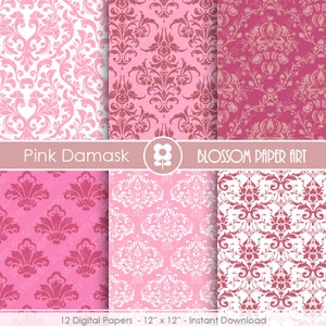 Damask Digital Paper, Pink Damask Digital Paper Wedding Scrapbook Paper ...