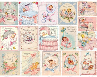 Printable Vintage Retro Baby Shower Cards - Digital Collage Sheet ...