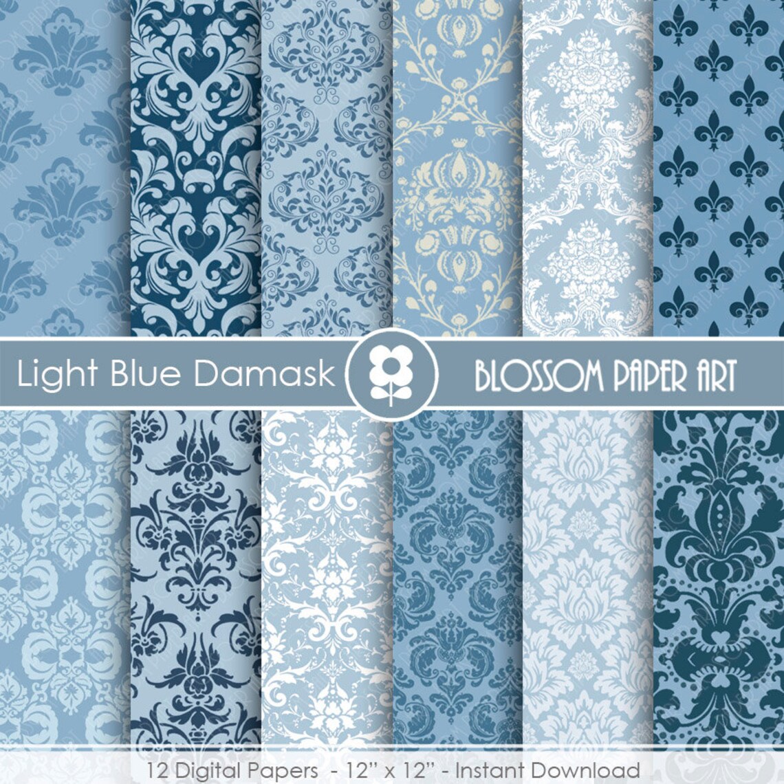Damask Digital Paper Blue Damask Digital Paper Wedding - Etsy Canada