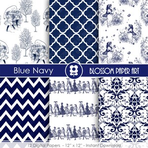 Digital Paper Blue Navy Toile Digital Paper, Vintage Scrapbooking Paper ...