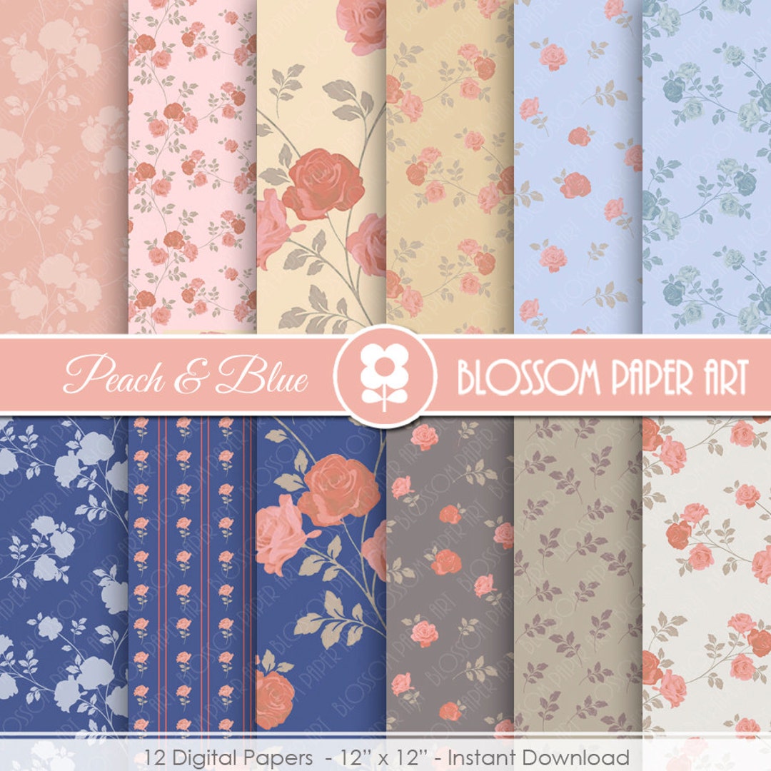 Peach and Blue Floral Digital Paper Rose Digital Paper Pack - Etsy