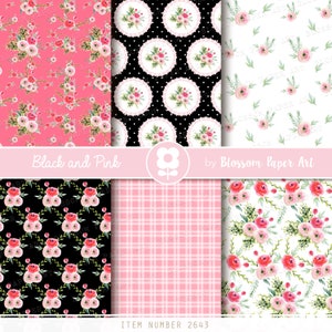Black and Pink Floral Digital Paper, Pink and Black Digital Paper Pack ...