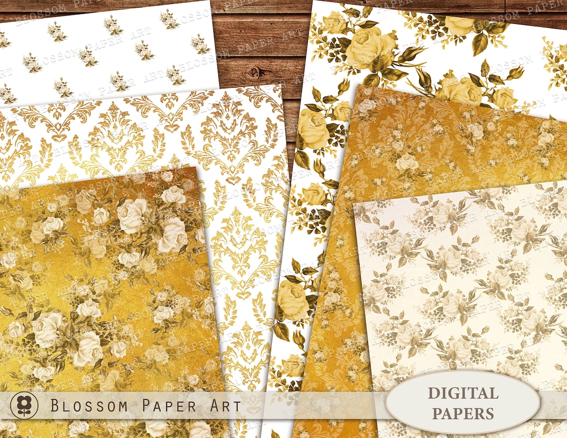 Gold Digital Paper Gold Floral Collage Sheet Roses Digital - Etsy