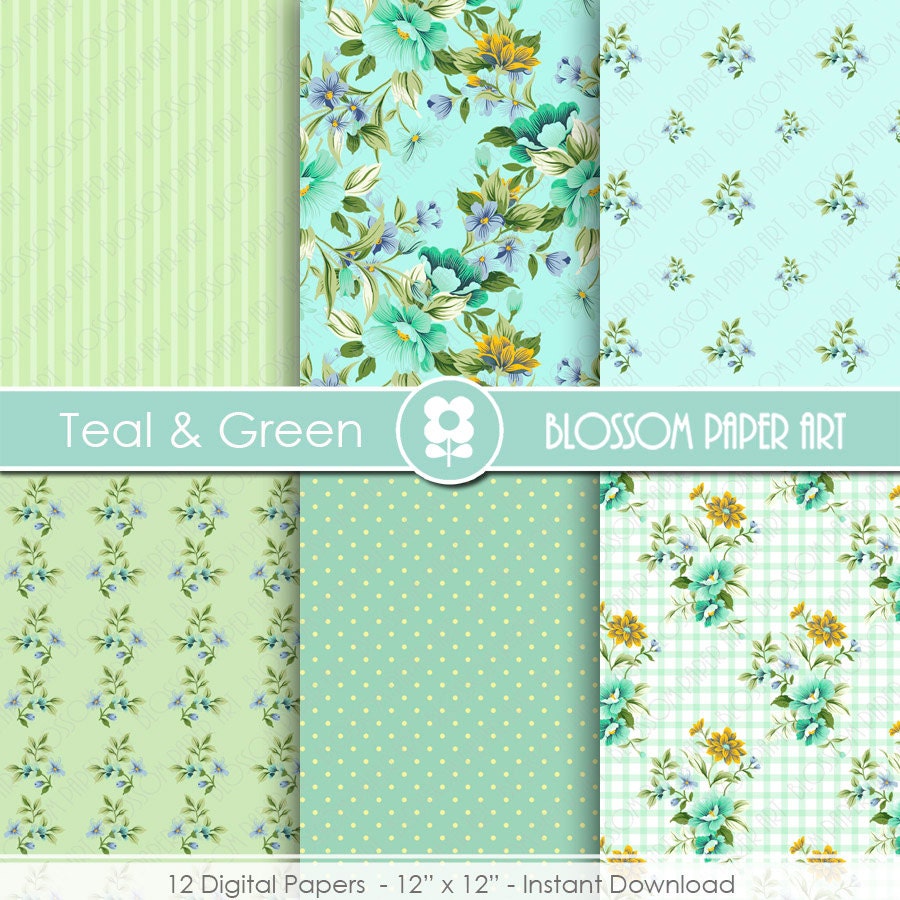 Floral Digital Paper Aqua Teal Digital Paper Pack Floral - Etsy