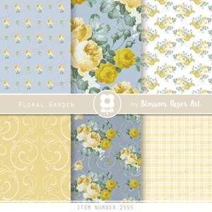 Blue Floral Digital Paper, Yellow Digital Paper Pack, Rose Scrapbook ...