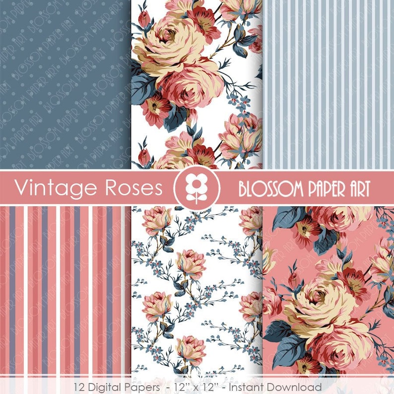 Rose Digital Paper Pink Blue Floral Digital Paper Pack Pink - Etsy