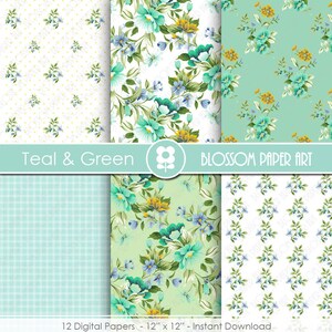 Floral Digital Paper, Aqua Teal Digital Paper Pack, Floral Digital ...