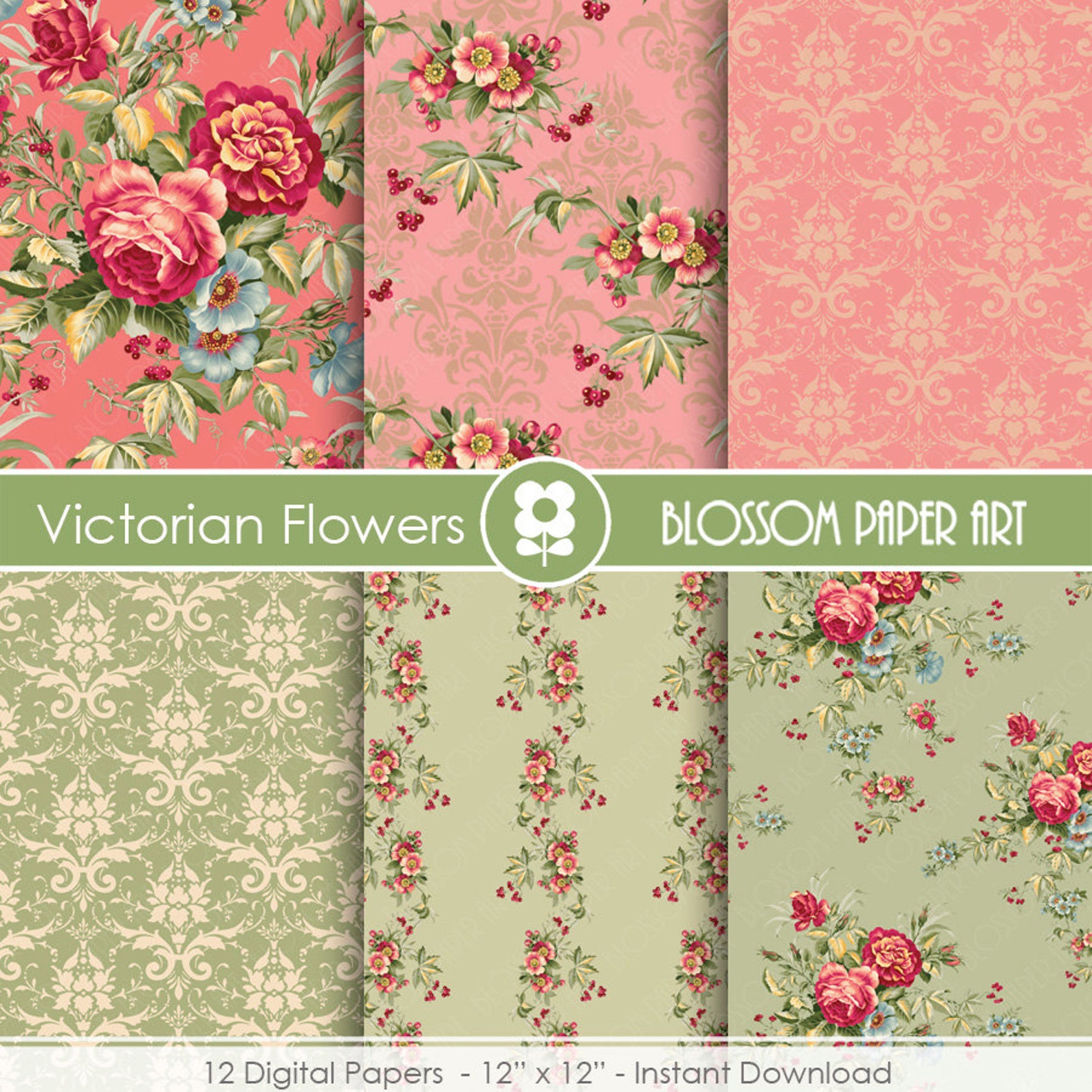 Floral Digital Paper Roses Digital Paper Pack Wedding - Etsy