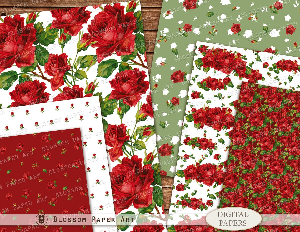 Rose Digital Paper Red Rose Digital Paper Pack Red Floral | Etsy