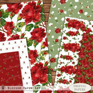 Rose Digital Paper, Red Rose Digital Paper Pack, Red Floral ...