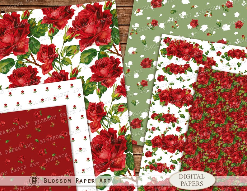 Rose Digital Paper Red Rose Digital Paper Pack Red Floral | Etsy
