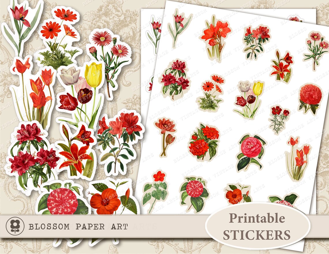 Digital Download Collage Sheet RED FLOWERS Stickers Digital - Etsy