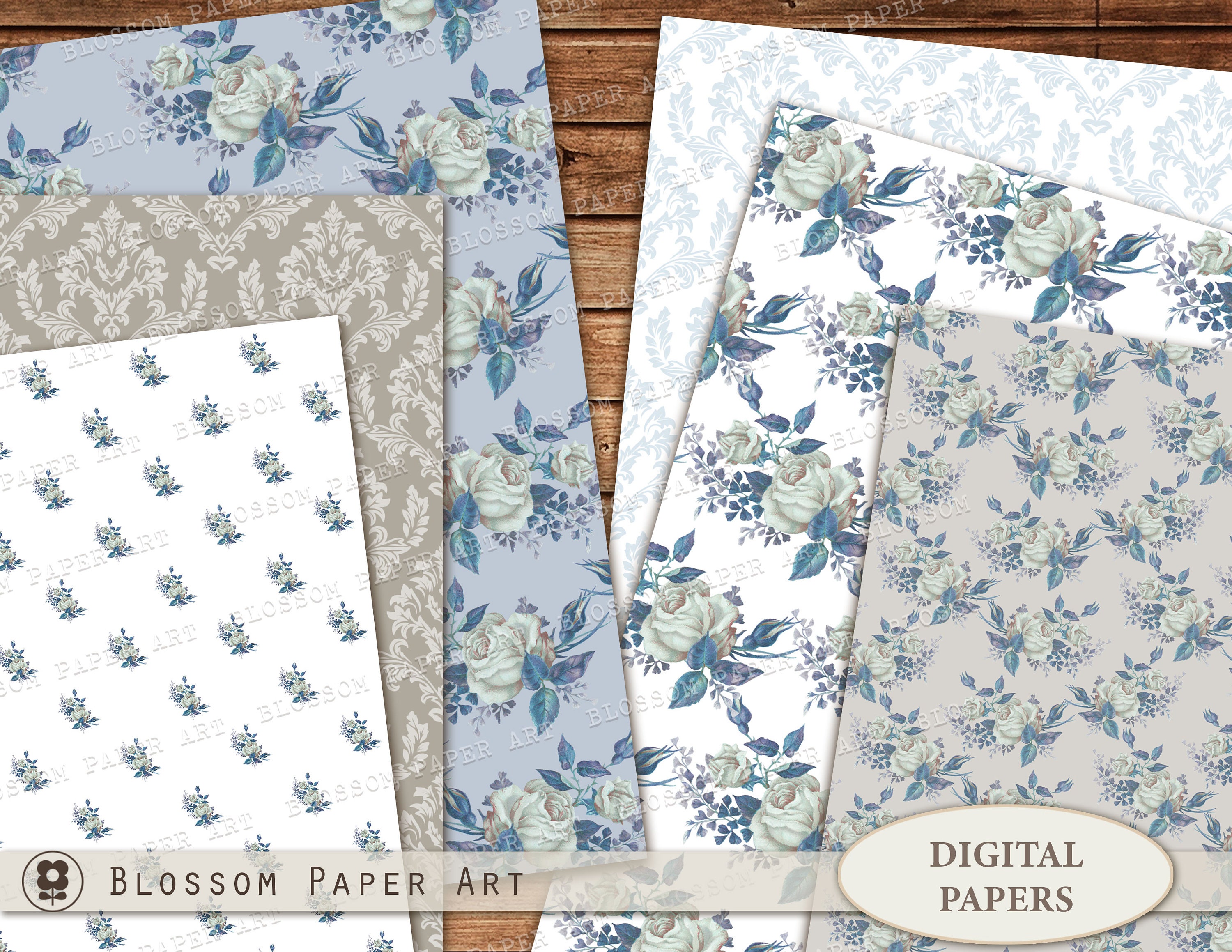 Blue Floral Digital Papers Shabby Chic Wedding Scrapbook - Etsy