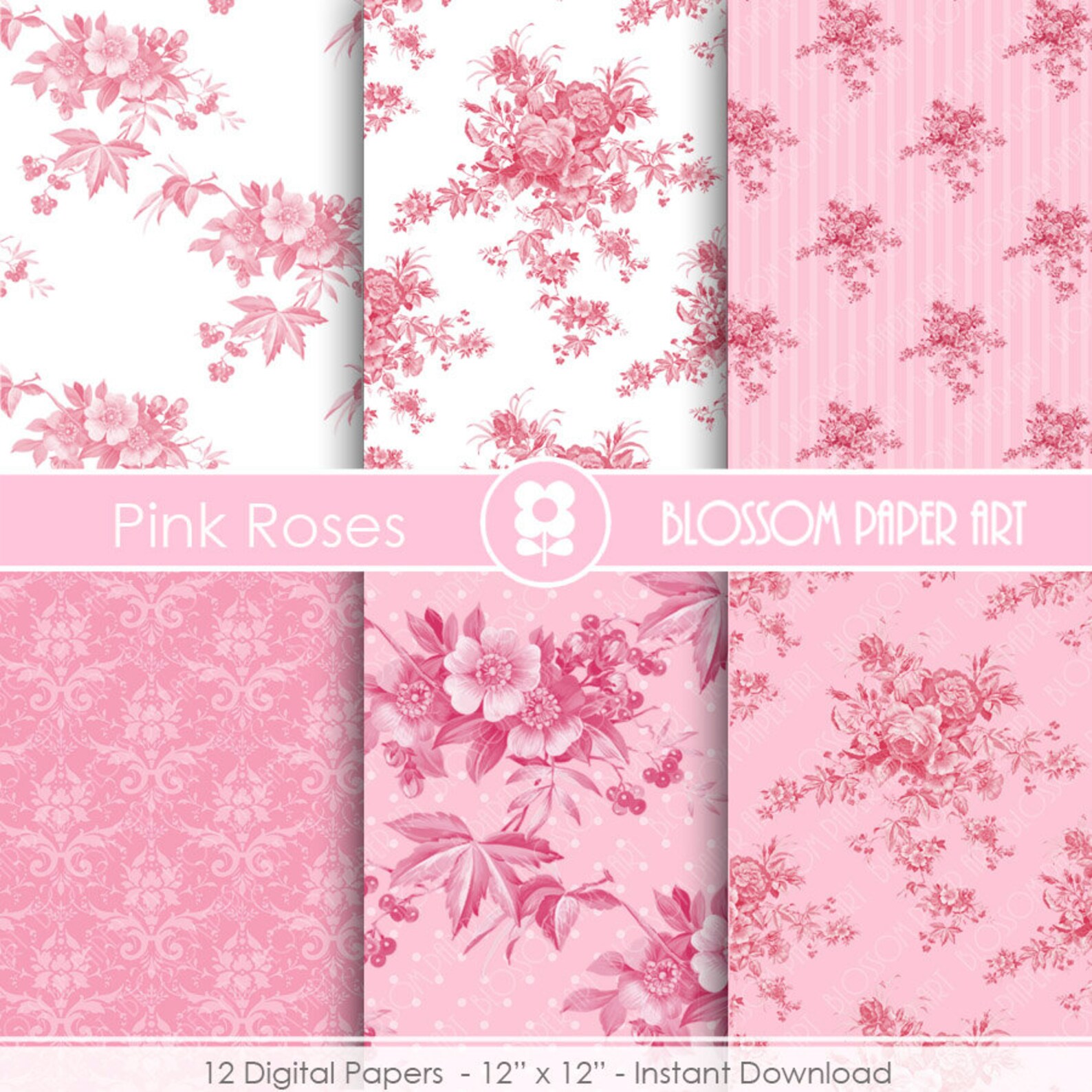 Pink Rose Digital Paper Floral Digital Paper Pack Pink | Etsy