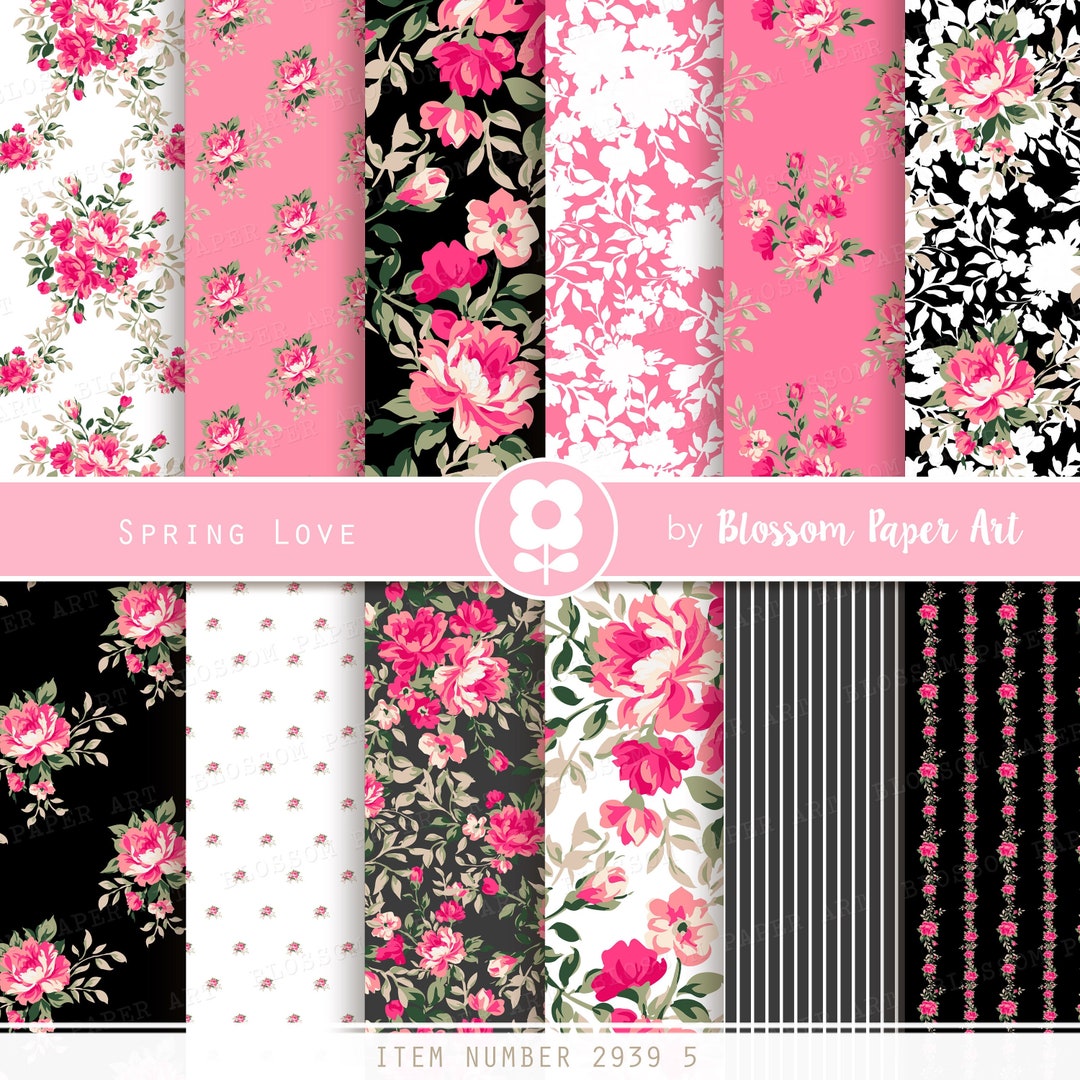 Pink and Black Floral Digital Paper, Scrapbook Paper Pack, Pink Roses ...