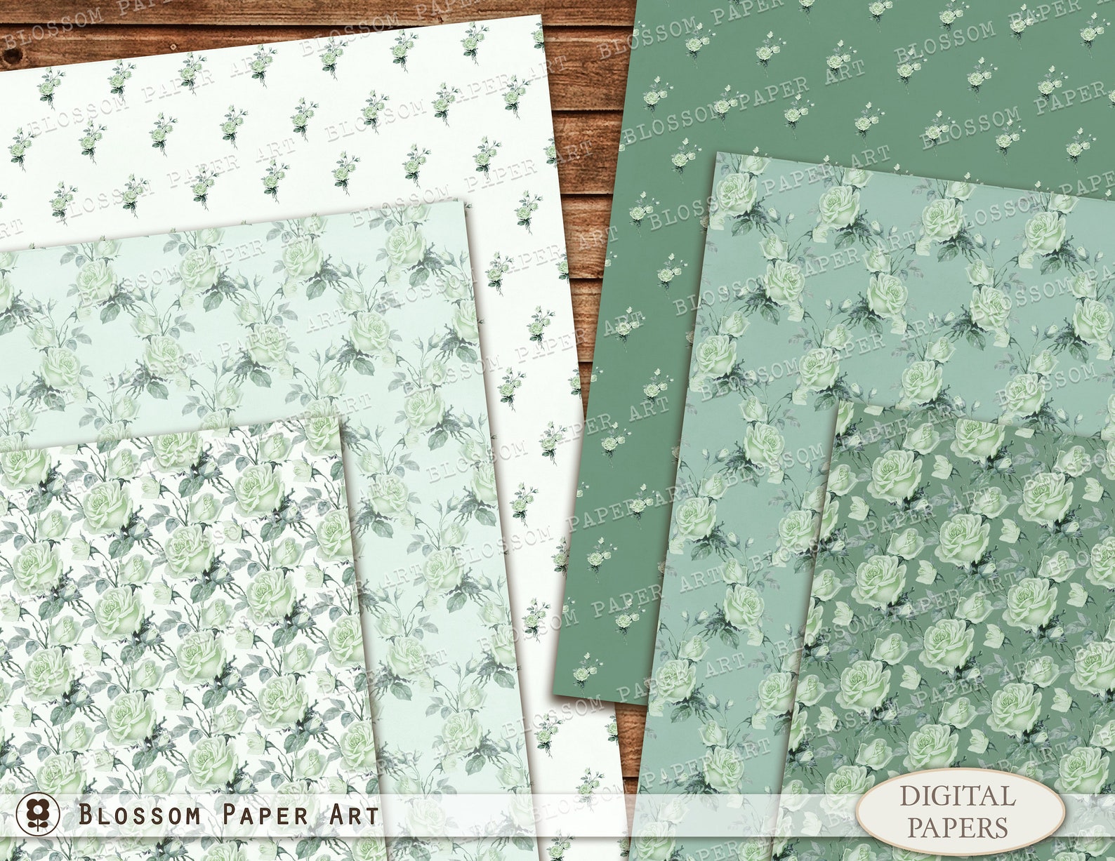 Green Digital Papers Shabby Chic Floral Paper Pack Roses - Etsy