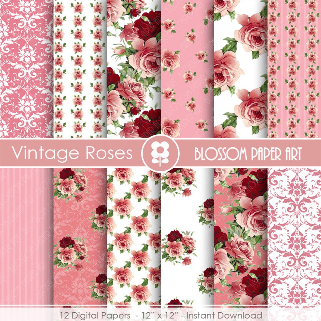 Pink Rose Digital Paper, Rose Digital Paper Pack, Pink Floral ...