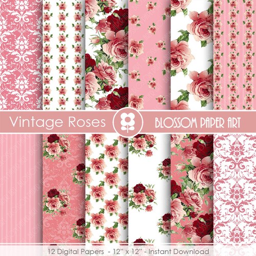 Pink Rose Digital Paper Rose Digital Paper Pack Pink Floral - Etsy
