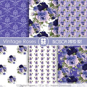 Blue Digital Paper Digital Paper Pack, Rose Scrapbooking, Blue Vintage ...