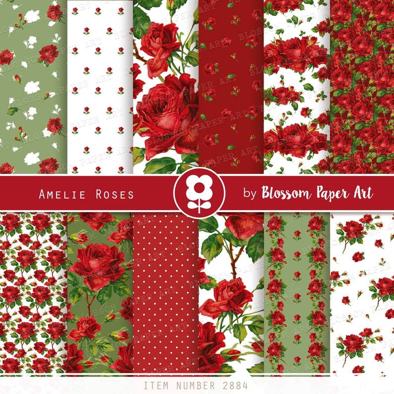 Rose Digital Paper Red Rose Digital Paper Pack Red Floral - Etsy
