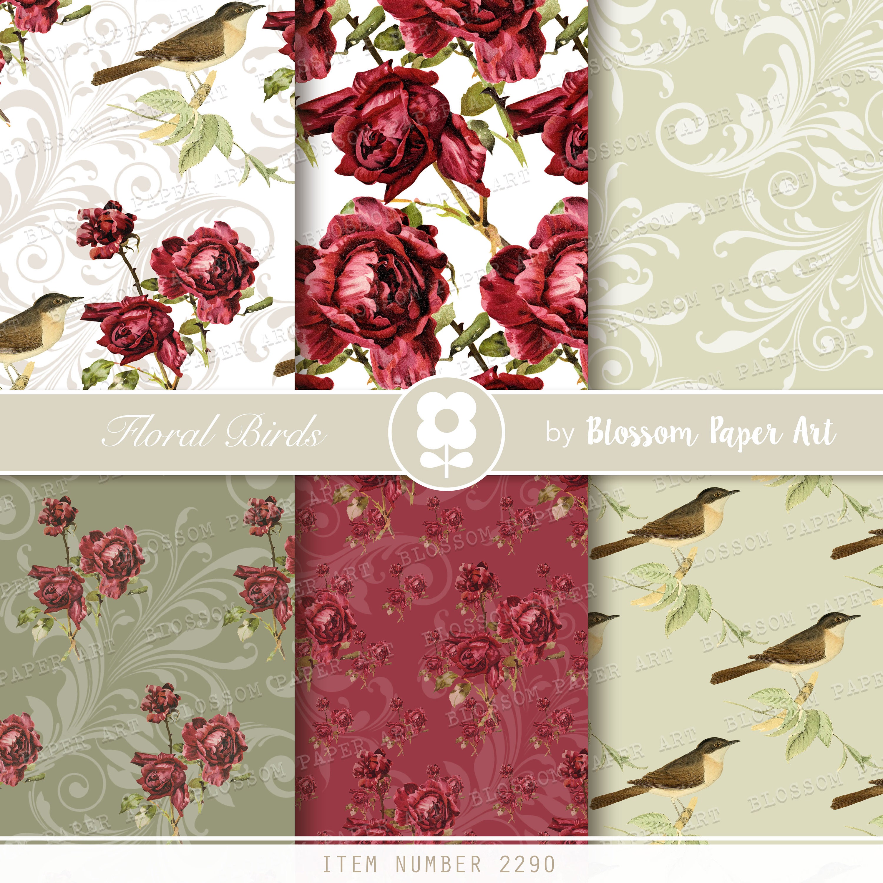 Floral Digital Paper BIRDS Vintage Roses Floral Digital Paper | Etsy