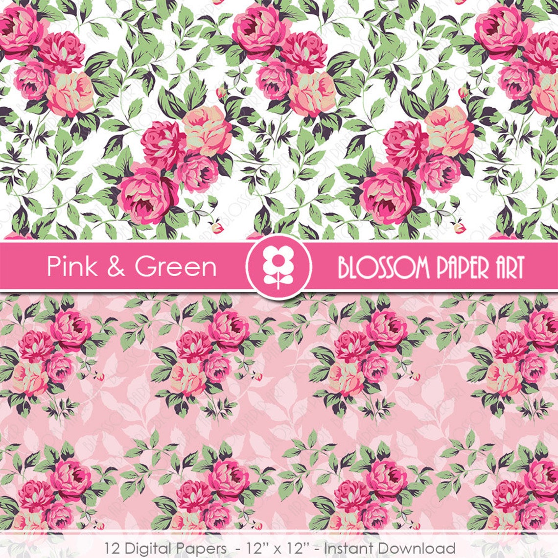 Rose Digital Paper Floral Digital Paper Pack Pink Garden - Etsy