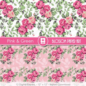 Rose Digital Paper, Floral Digital Paper Pack, Pink Garden ...