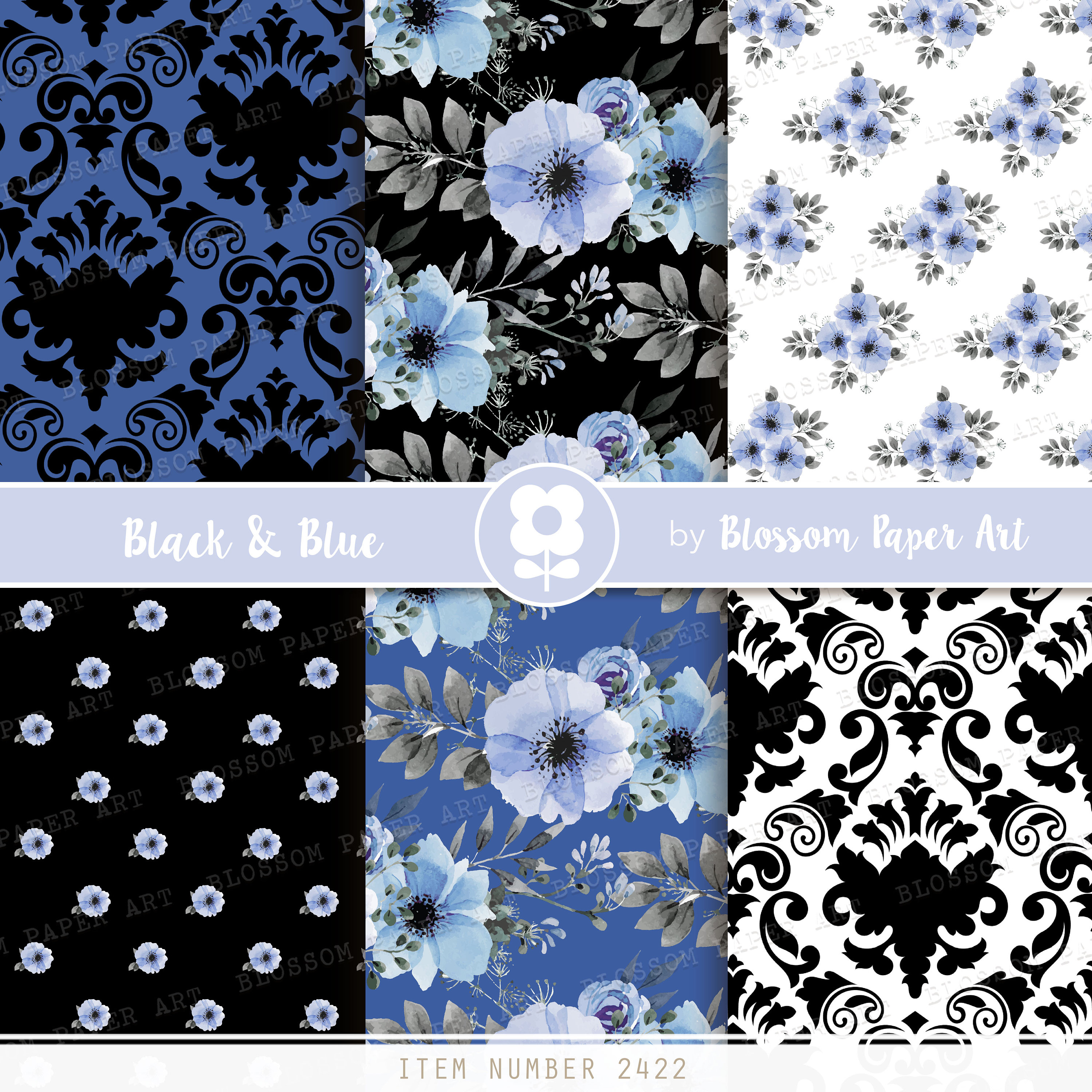 Black and Blue Digital Paper Floral Digital Paper Pack | Etsy