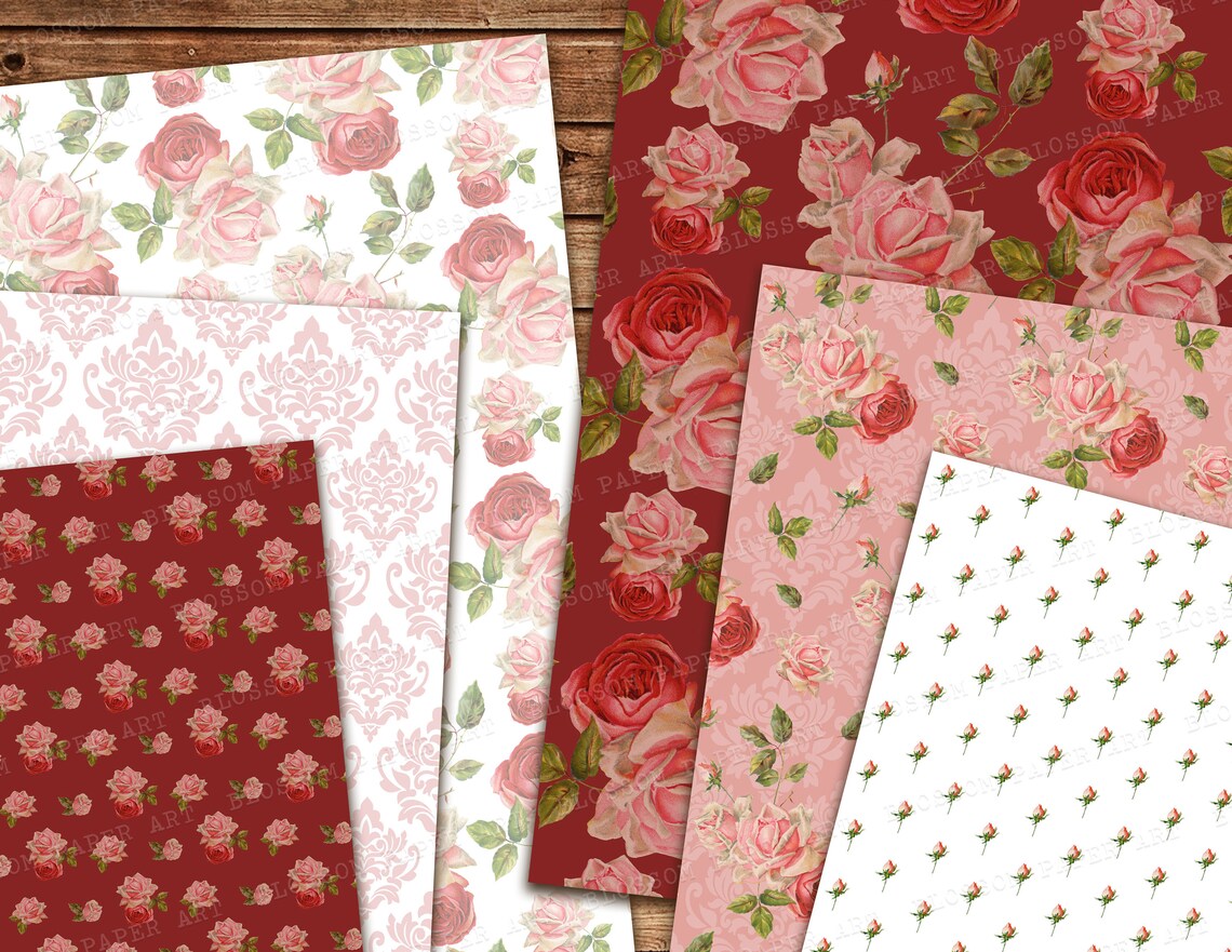 Red Roses Digital Paper Floral Scrapbook Rose Paper Pack - Etsy