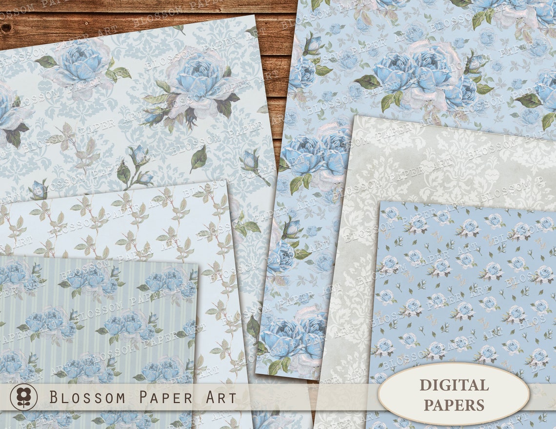 Blue Floral Digital Paper Shabby Roses Digital Prints Pale - Etsy