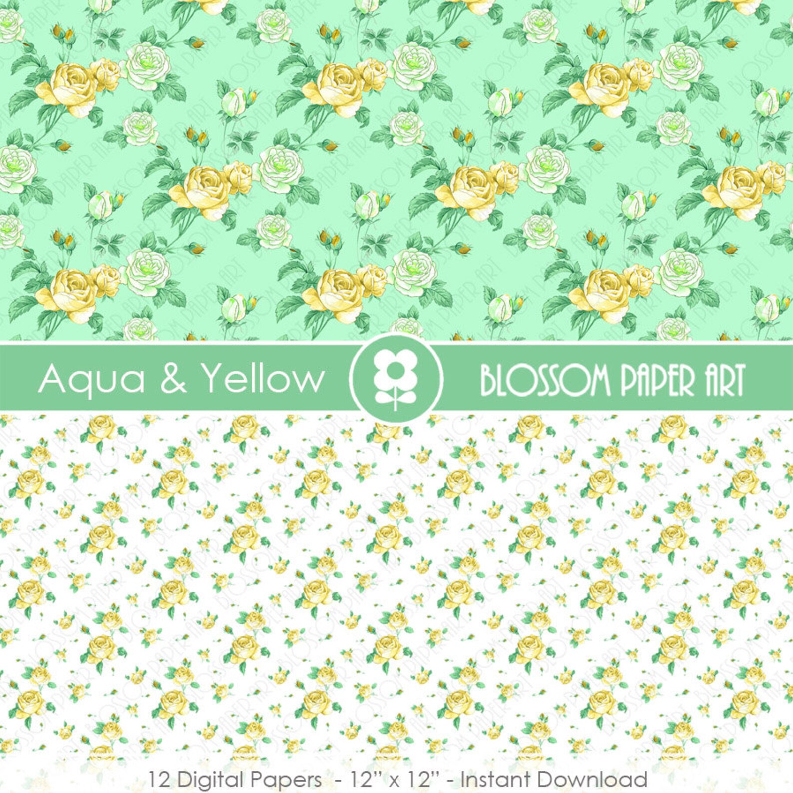 Aqua Floral Digital Paper Yellow Roses Shabby Chic Digital - Etsy