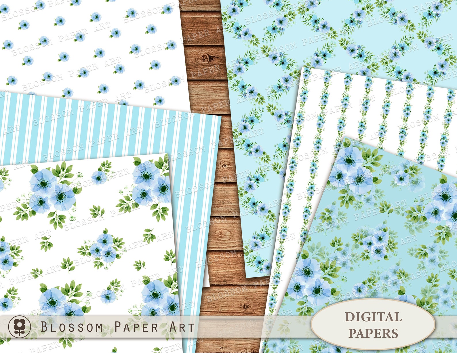 Light Blue Floral Digital Paper Scrapbooking Paper Pack | Etsy