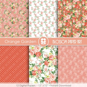 Floral Digital Paper Pack, Orange Floral Digital Papers, Digital ...