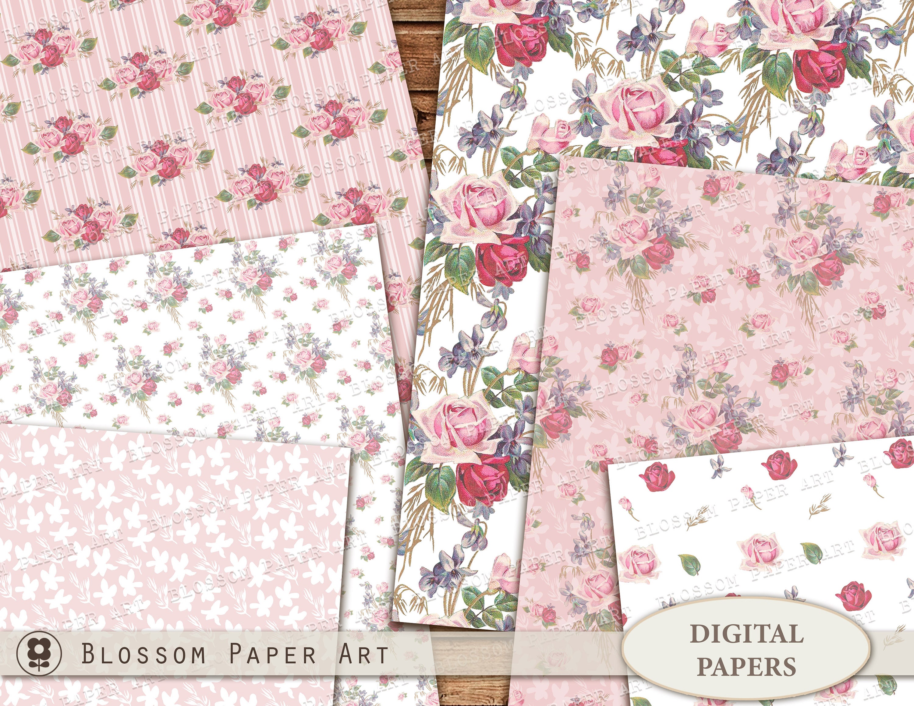 Shabby Chic Roses Digital Paper Pack: Vintage Scrapbook Paper (instant ...