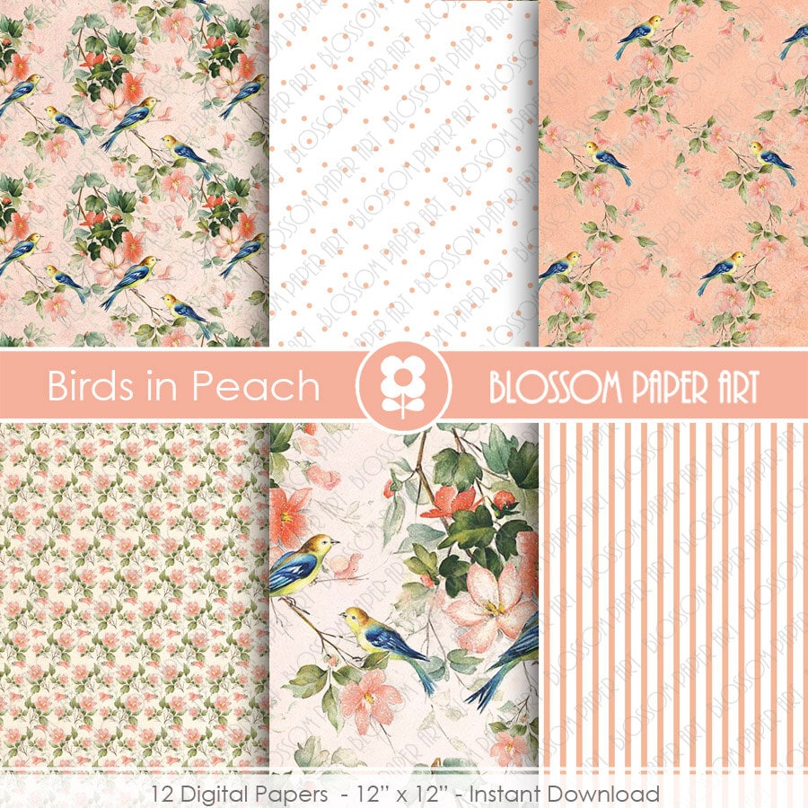 Digital Paper Birds Digital Paper Pack Peach Blue Birds - Etsy
