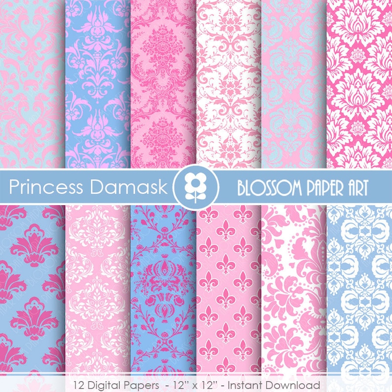 Princess Paper Pink Light Blue Digital Damask Paper Pack - Etsy