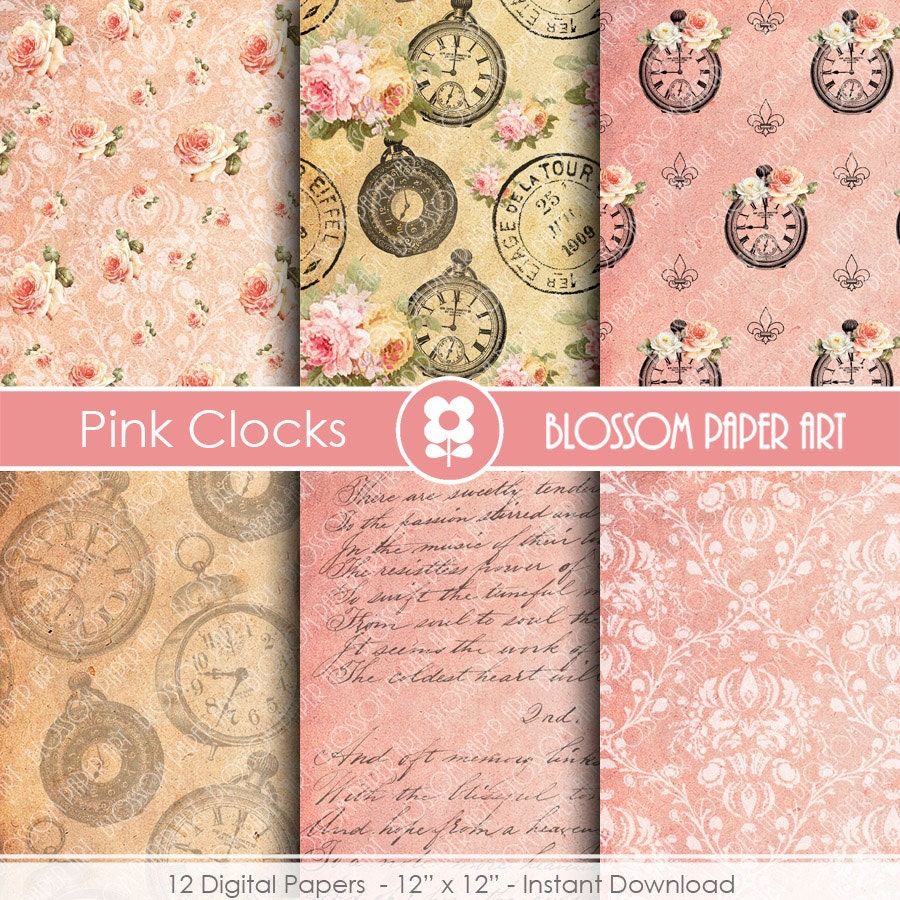 Vintage Digital Paper Clock Digital Collage Sheet Pink Roses | Etsy