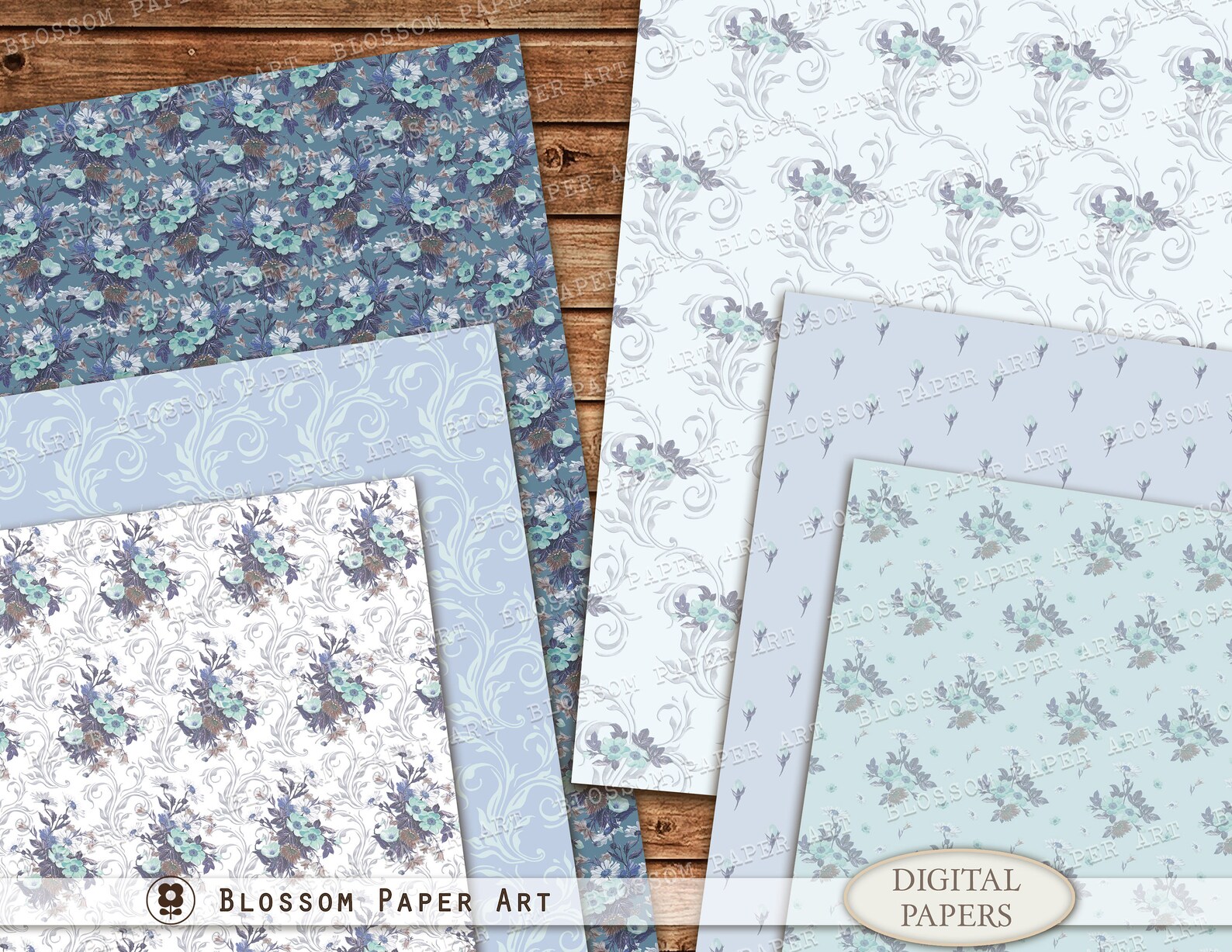 Digital Paper Floral Blue Scrapbook Papers Journal Sheets | Etsy