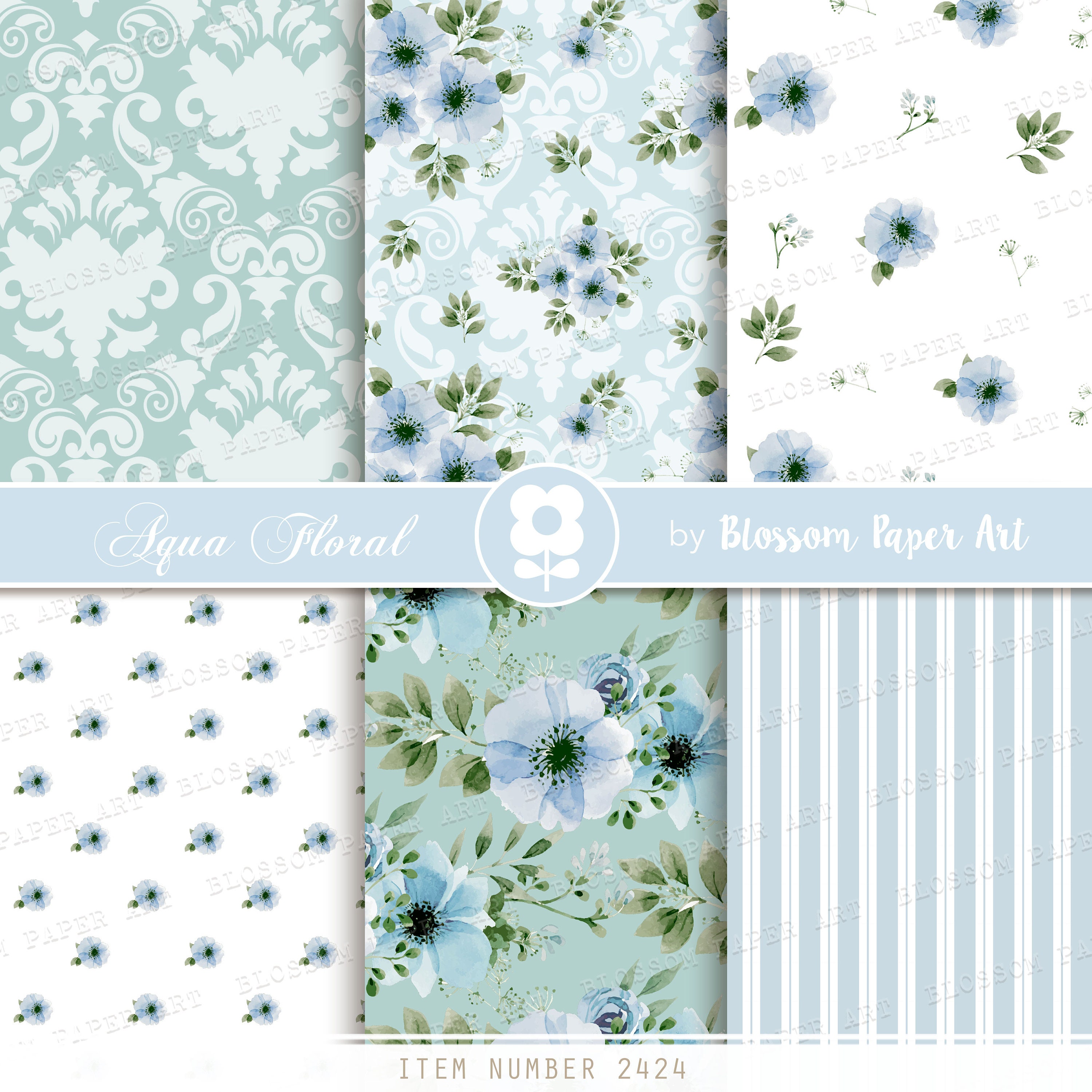 Light Blue Floral Digital Paper Pack: Scrapbook Collage (digital ...
