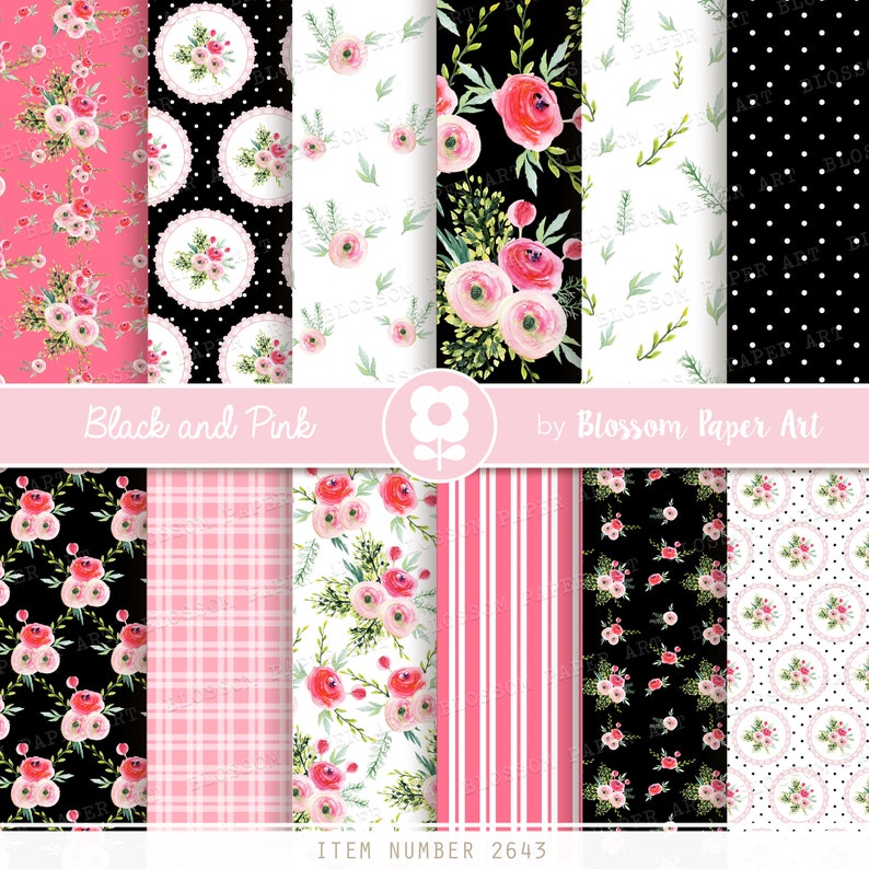 Black and Pink Floral Digital Paper Pink and Black Digital | Etsy