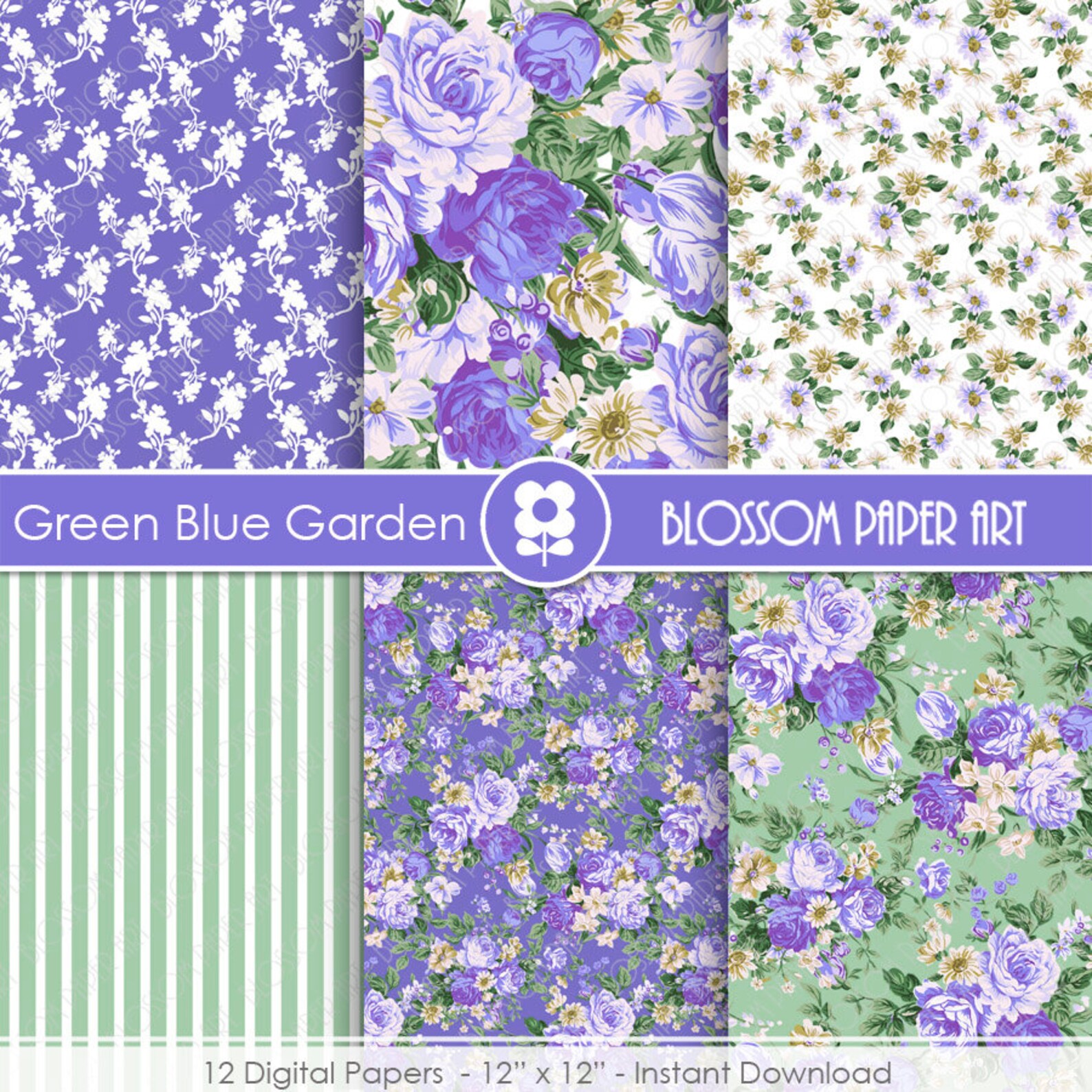 Blue Digital Paper Floral Digital Papers Rose Digital - Etsy
