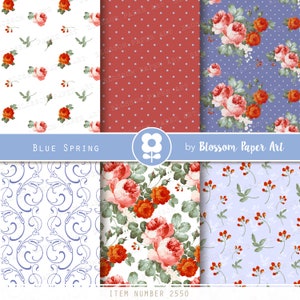 Blue Digital Paper, Scrapbook Paper, Floral Digital Papers ...