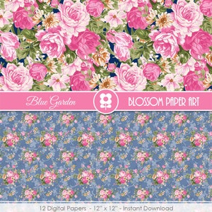 Blue Floral Digital Paper, Blue Digital Paper Pack, Floral Digital ...