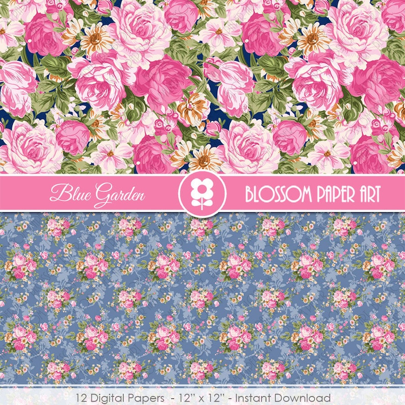 Blue Floral Digital Paper Pack: Scrapbooking Designs (digital Download ...