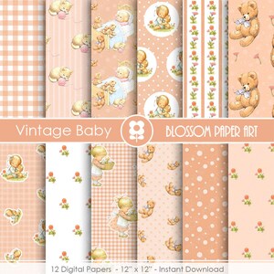 Baby Digital Paper, Baby Digital Paper Pack, Peach Scrapbooking Paper ...