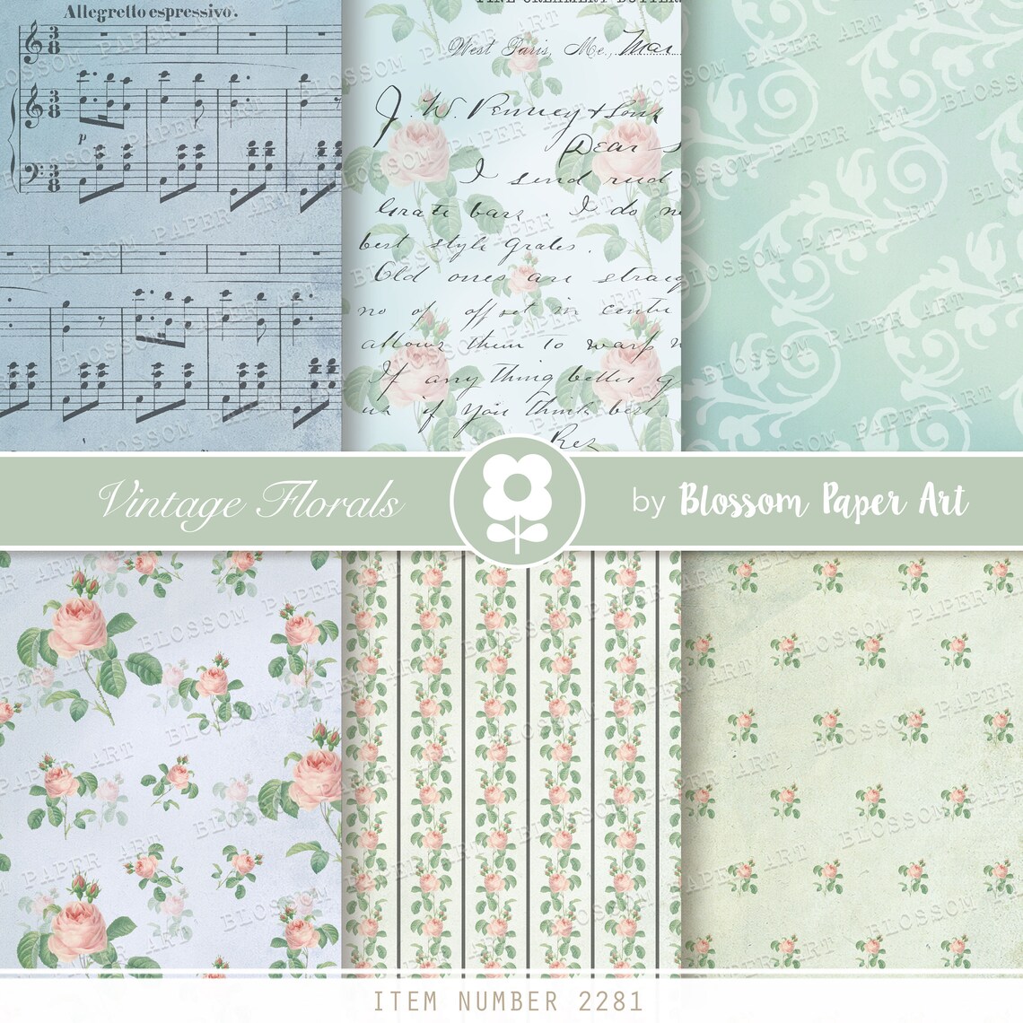 Rose Digital Paper VINTAGE Blue Floral Digital Paper Pack | Etsy